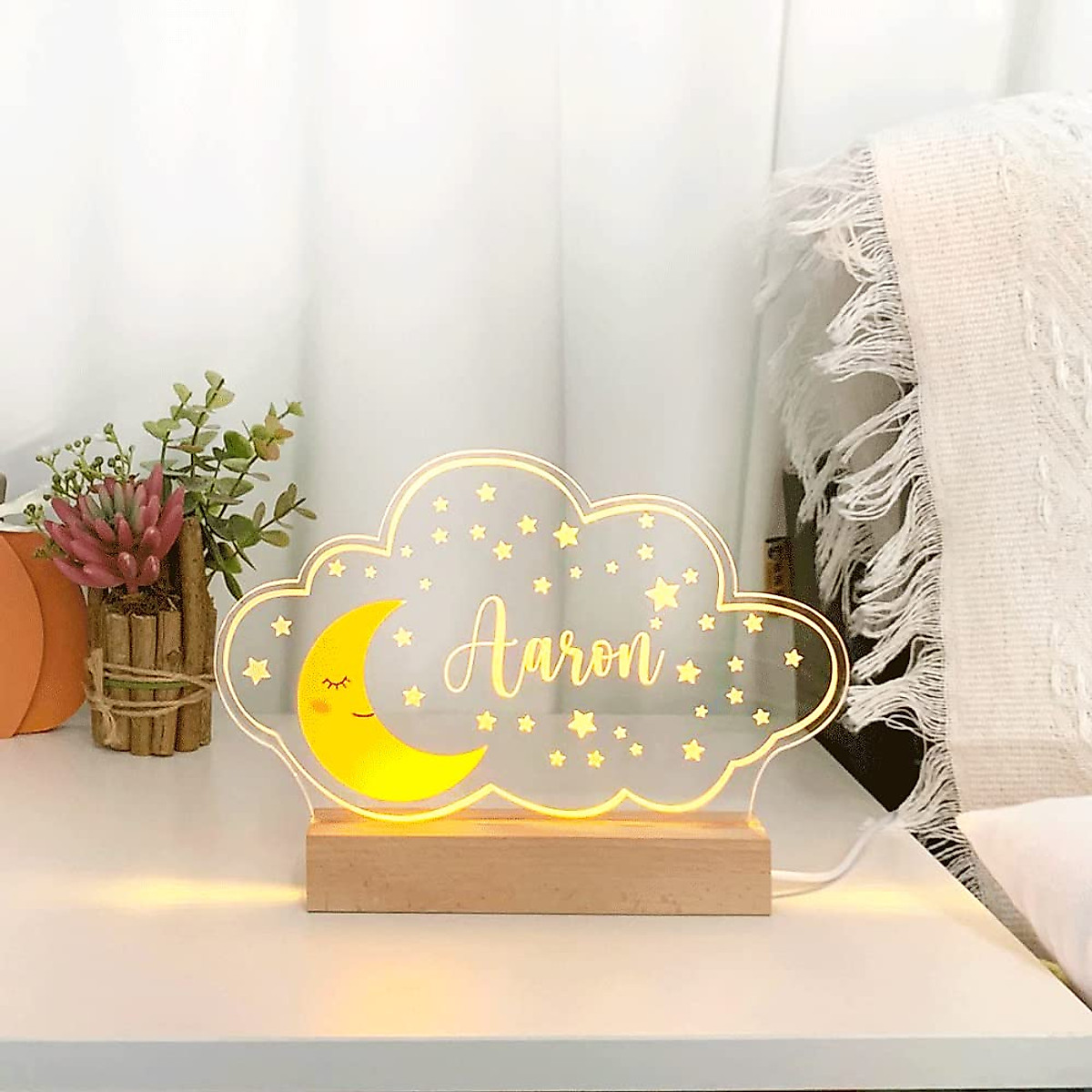 Wucidici Personalized Name Night Light with Moon and Stars, Custom Name Led Lamp for Baby Kids, Brighter Made Customized Night Light Gift for Girl Boys