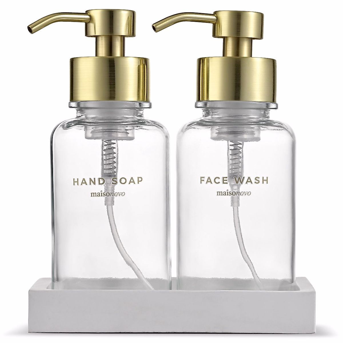 MaisoNovo Glass Foaming Soap Dispenser | Clear Glass Gold Pumps x 2 with Tray