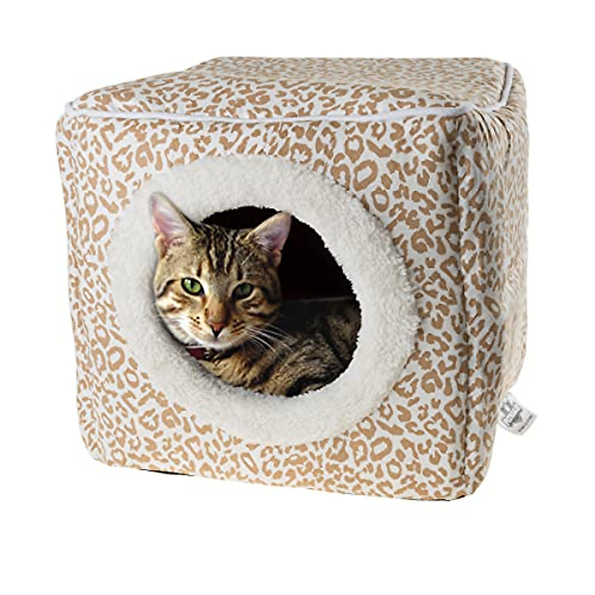 Cat Pet Bed Cave- Indoor Enclosed Covered Cavern/House for Cats Kittens and Small Pets with Removable Cushion Pad by PETMAKER, Tan/White Animal Print