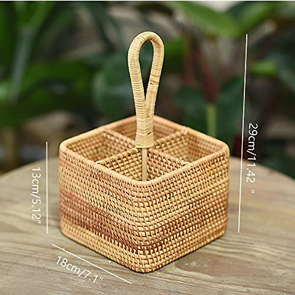 i-lan 2 Pack 4 Section Square Rattan Basket with Handle, 7”Divided Woven Remote Control Basket Tray with 5”Wall , Boho Catch-all Bottle Caddy Serving Basket Box for Cosmetic Organizer Utensils Holder