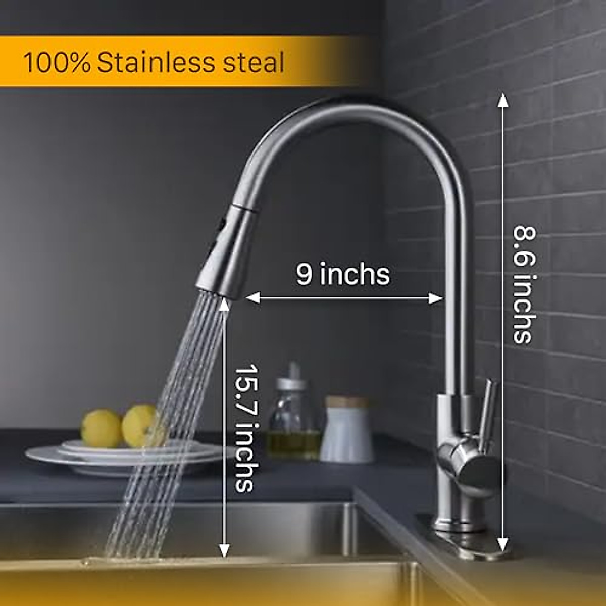 Generic Kitchen Faucet with Extendable Sprayer, Single Handle Hot and Cold Water Kitchen Faucet, Stainless Steel Faucet, Three Use Modes Faucets, Brushed Finish