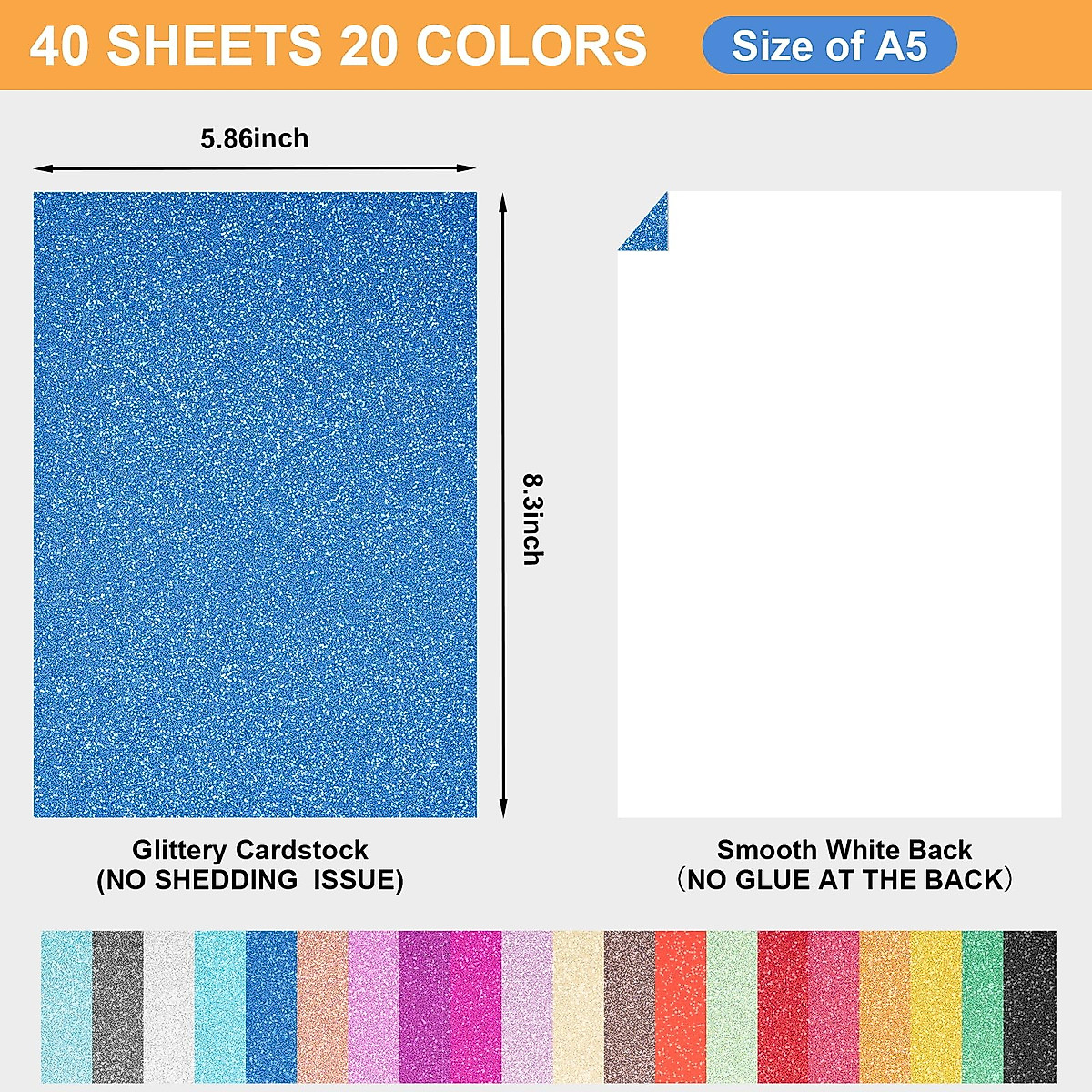 40 Sheets 20 Colors Glitter Cardstock, BetyBedy Cricut Paper Cardstock, No-Shed Sparkly Glitter, A5 Glitter Paper for Arts and Crafts - Card Making, Scrapbooking, DIY Projects