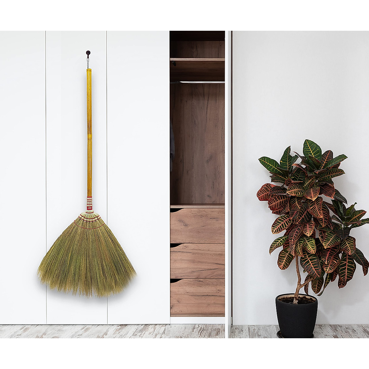 Indoor Grass Broom 40 Inch with Bamboo Handled Brooms for Floor Cleaning, Smooth & Hard Floor - Sweeping Tool Unique Handmade Craft Broom Design for Home, Kitchen, Office, Courtyard, Tiled Floor