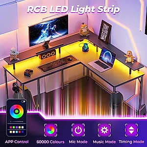 SUPERJARE Desk L Shaped Gaming Desk with LED Lights & Power Outlets, Computer Desk with Monitor Stand, Home Office Desk Corner Desk with Headphone Hooks, Carbon Fiber Black