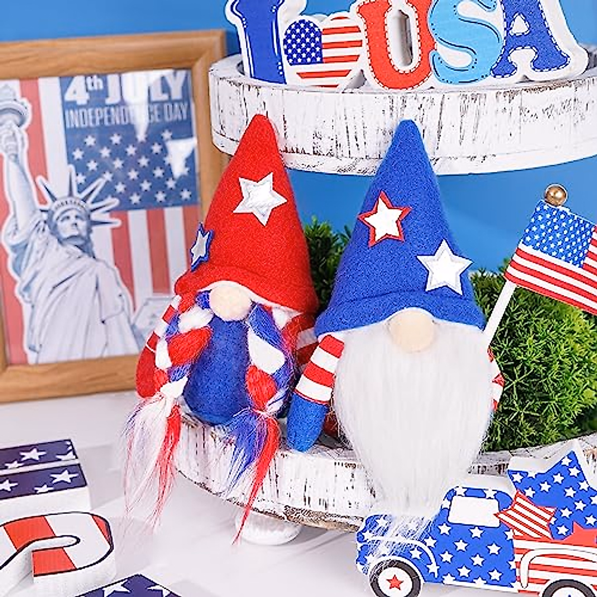 4th of July Patriotic Gnome Plush Elf Ornament 2Pcs Handmade Gnome Plush American Couple Scandinavian Tomte 4th of July Veterans Day Memorial Day Gift Independence Day Table Decorations Tray Ornament