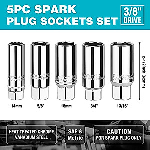DURATECH 3/8-inch Drive Spark Plug Socket Set, SAE & Metric, 5/8-inch, 3/4-inch, 13/16-inch, 14mm, 18mm, Heat Treated CR-V Steel Sockets with Rubber Retaining Rings, 5-Piece Set