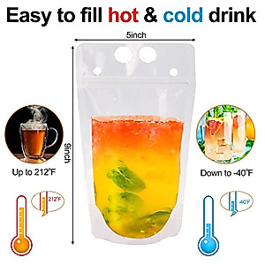 100 Pcs Drink Pouches for Adults Stand-Up Juice Pouches, Hand-Held Reclosable Drink Bags Plastic Zipper Juice Bags with Straws Silicone Funnel(Come with 100 Pcs Round Stickers)