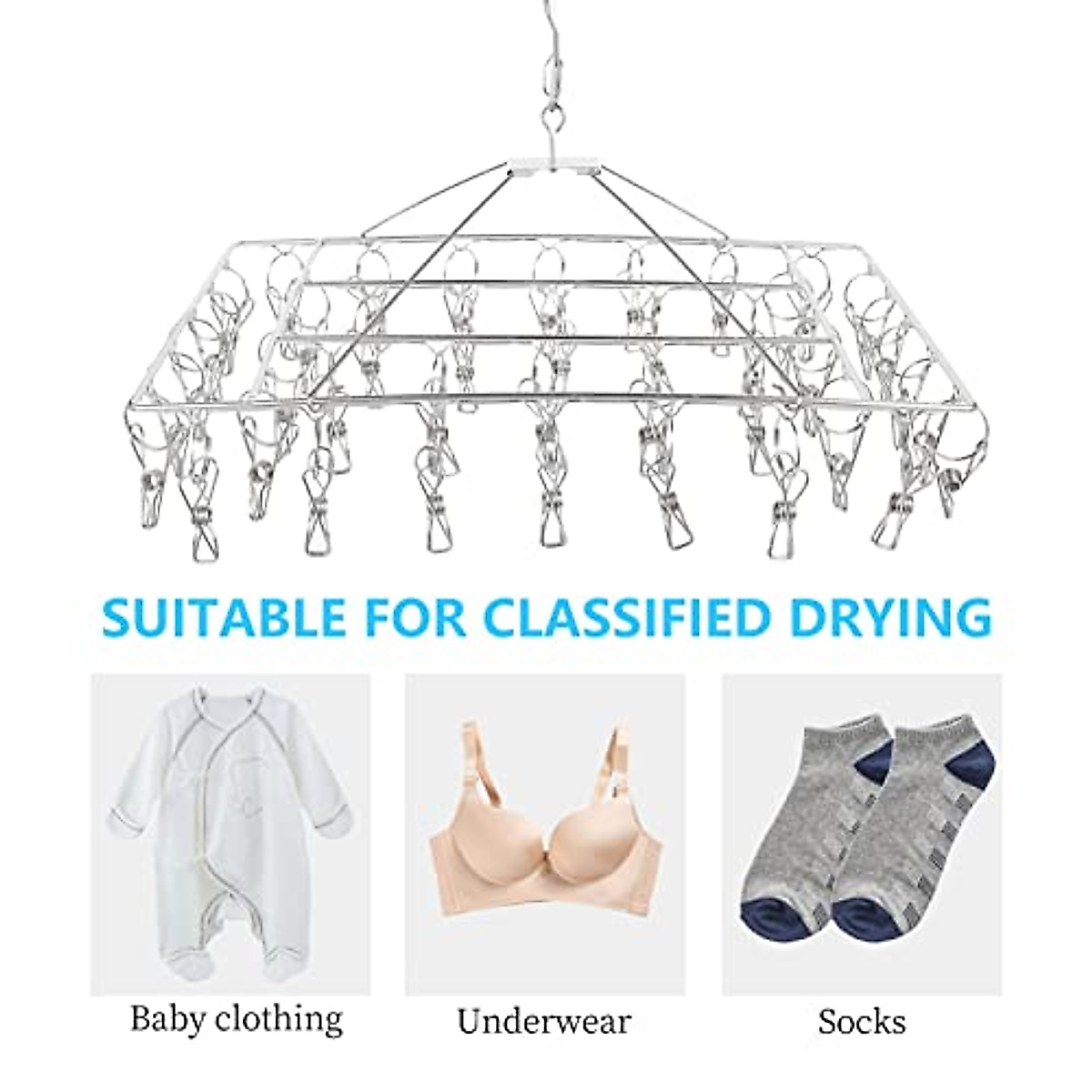 LIFKOME Socks Clip Hanger Socks Clip Hanger Clothes, 40 Clips Stainless Steel Laundry, Swivel Hook Windproof Clothes Hanger Rack, Clothes Hangers for Drying Towels Underwear Bras Socks