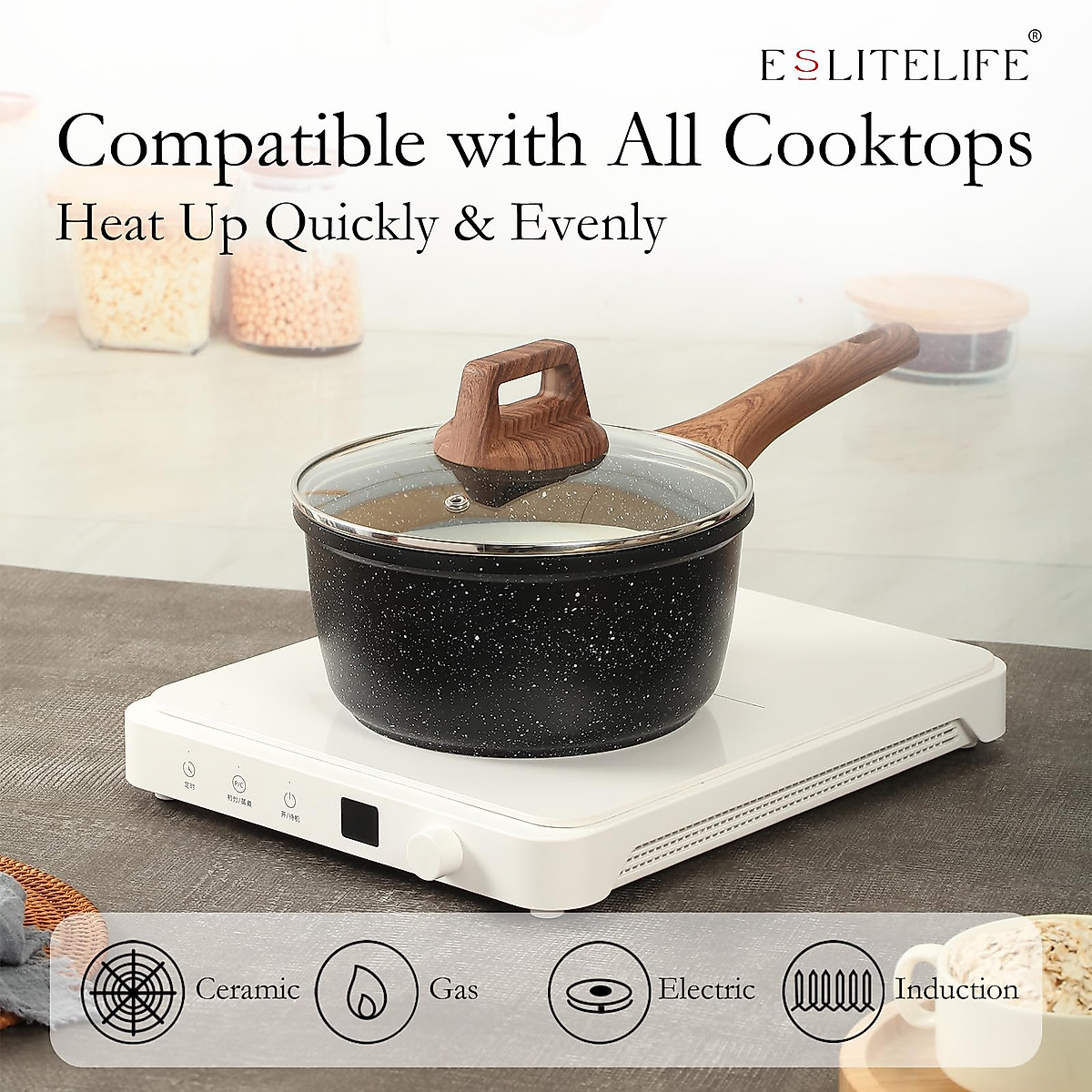 ESLITE LIFE 1.5 QT & 2.5 QT Sauce Pan Set with Lids, Nonstick Small Soup Pot Compatible with All Stovetops (Gas, Electric & Induction), PFOA Free, Black