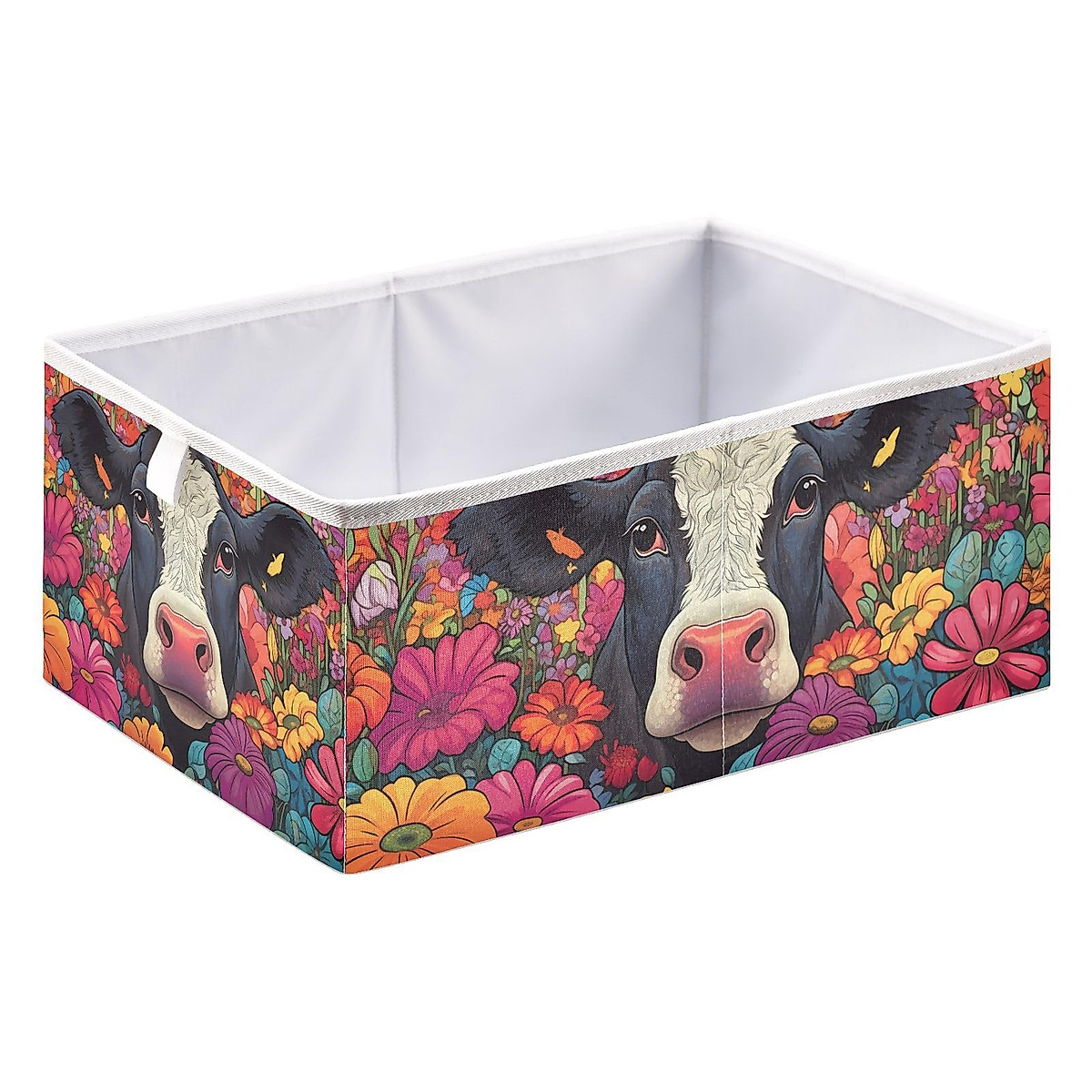 Vnurnrn Collapsible Storage Cube Beautiful Cow in Flower Print, Organizing Baskets with Support Board for Shelf Closet Cabinet 11×11×11 in