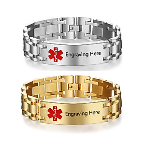 Nameinhea Custom Medical Alert Bracelets for Women Men Free Engraved Adjustable Stainless Steel Waterproof Emergency Medical ID Bracelets Allergy Wristband