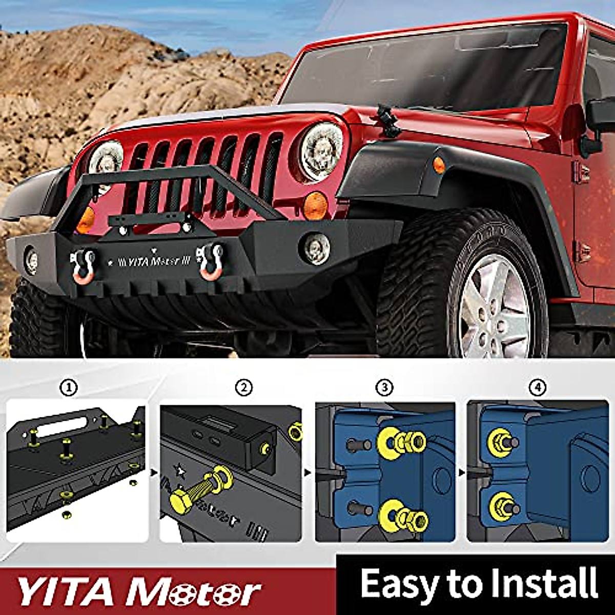 YITAMOTOR Front & Rear Bumper Compatible for Jeep Wrangler 2007-2018 JK & JKU Unlimited (2/4 Doors) w/LED Light & 2 x D-Rings & Winch Plate & Fog Holes & 2" Hitch Receiver
