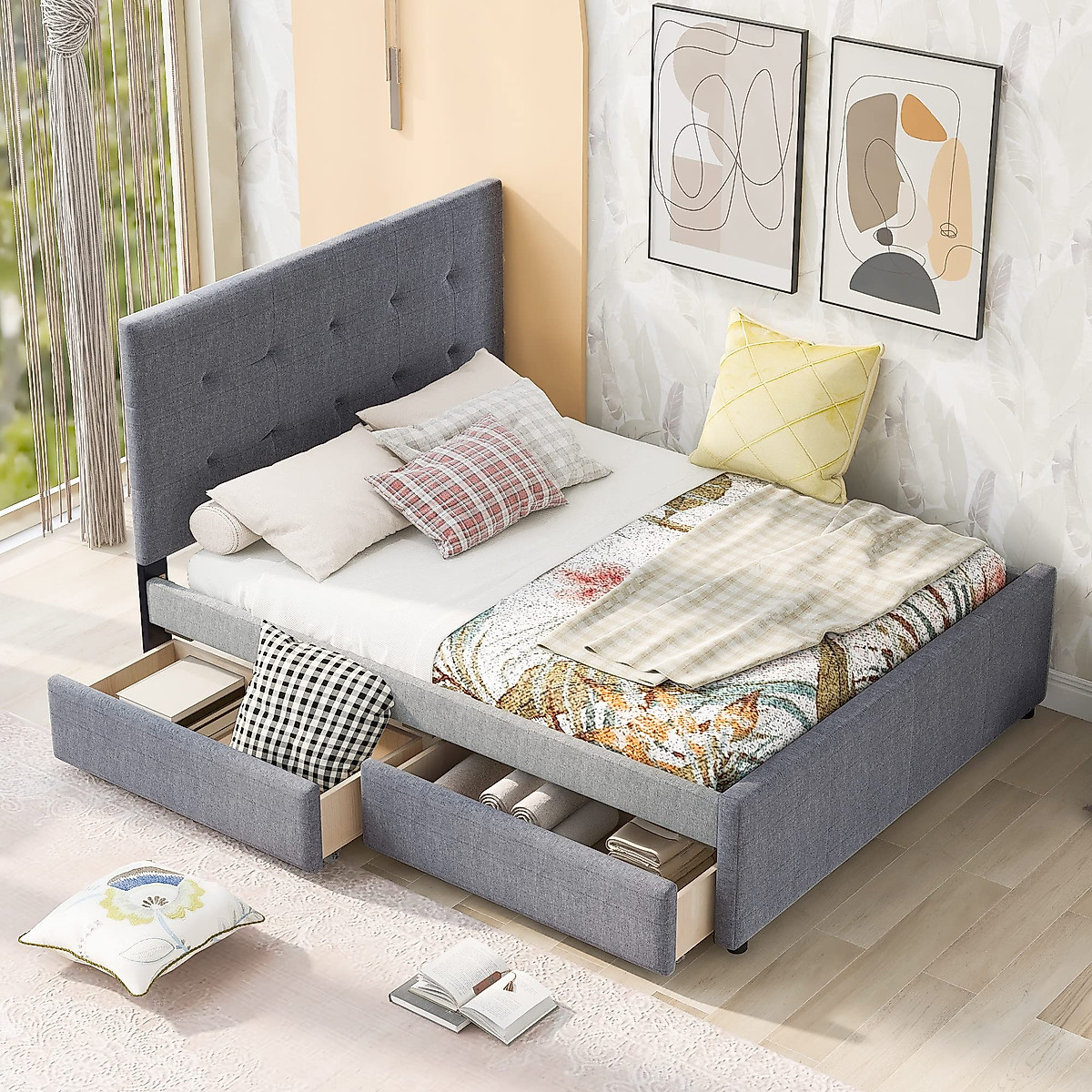 RUNWON Queen Size Linen Upholstered Platform Bed Frame with Headboard and Two Drawers for Bedroom, Grey