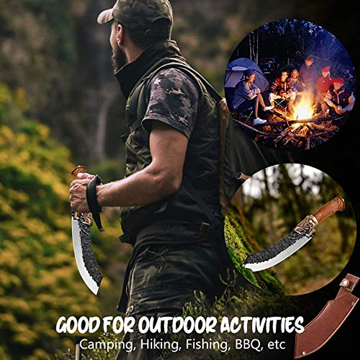 Butcher Knife Forged in Fire Knives Outdoor Camping Knife Curved Boning Knife with Sheath Filet Knife for Fishing Carbon Steel Meat Cleaver Knife for Kitchen BBQ Gift Collection