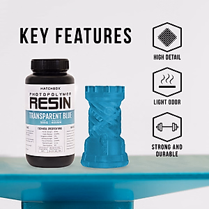 HATCHBOX 3D Printer Resin, High Precision Non-Brittle 405 nm UV Curing Photopolymer for LCD DLP Printing, 500ml Bottle – Transparent Blue