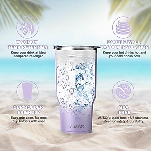 AUSOR 30 oz Tumbler with Lid and Straw,Water Bottle,Insulated Tumbler for Hot & Cold, Purple & Pink