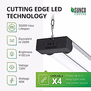 Sunco LED Workshop Black Garage Shop Light 4FT, Plug in Linkable Utility Light Fixtures, 260W=40W, 5000K Daylight, Frosted Lens, Pull Chain, Hanging/Mounted, 4100 LM - ETL Energy Star 2 Pack