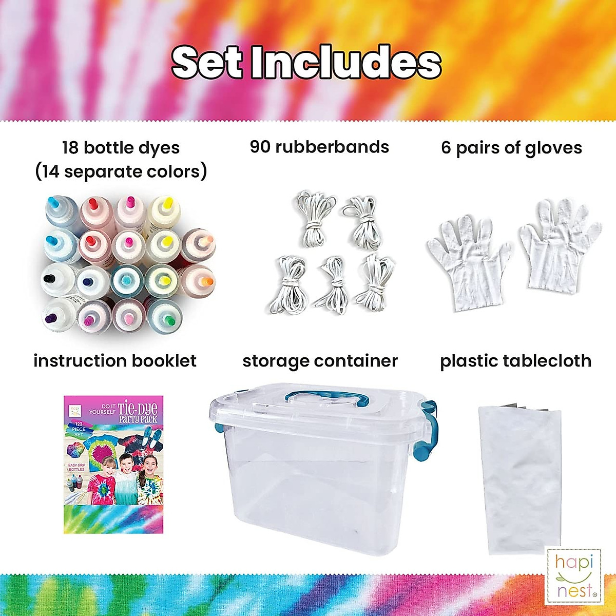 Hapinest Tie Dye Kit for Kids Age 8-12 & Up Girls Boys Teens, Clothing Shirt Fabric Dye Arts and Crafts Gifts Party Supplies, Kids Tie Dye Kit for Large Group, 18 Pre-Filled Bottles w/14 Colors