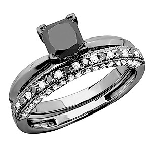 Dazzlingrock Collection 1.50 Carat Princess Black & Round White Diamond Wedding Ring Set for Women in Black Plated 10K White Gold Size 6.5