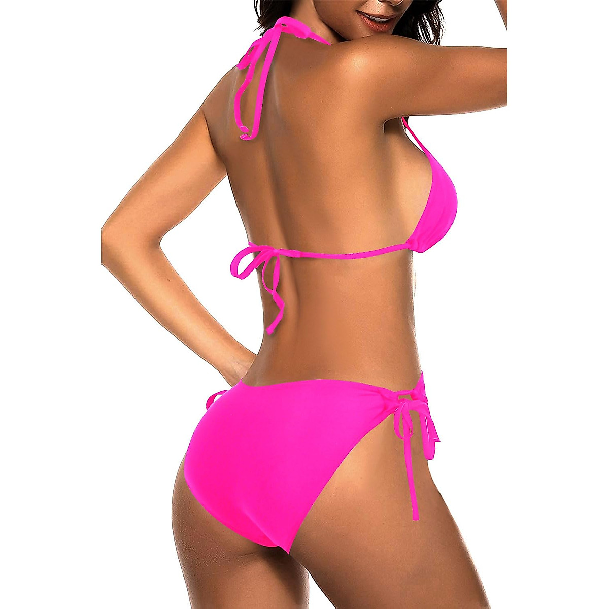 Tempt Me Women Hot Pink Triangle Bikini Sets Halter Two Piece Sexy Swimsuit String Tie Side Bathing Suit M