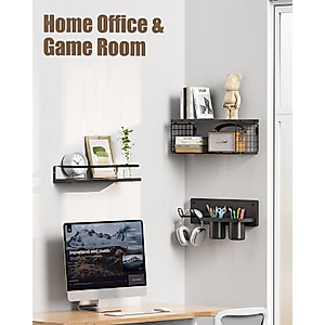 ROPALINS Bathroom Shelves Over Toilet - Floating Shelves Wall Mounted with Storage Basket for Bathroom Decor, Bedroom, Living Room, Kitchen Black