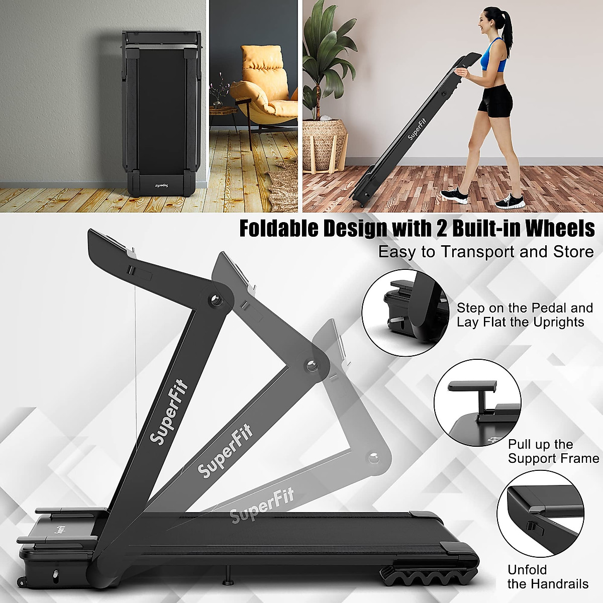 GYMAX Folding Treadmill, 4HP Running Machine with LED Touch Screen, Smart APP Connection, Free Installation Fitness Workout Treadmill for Home Gym