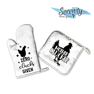 Farmhouse Decorative Kitchen Hot Plate Pot Holder Oven Mitt Set | Zero Clucks Given Mother Clucker | Funny Country Rustic Summer Fall | White Home Decor Decorations