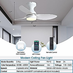 Surtime Low Profile Flush Mount Ceiling Fans with Lights and Remote&APP,34in White Modern Ceiling Fans for Outdoor Patio,Small Room,Bedroom,6 Speeds Reversible,3 Colors Lights Dimmable