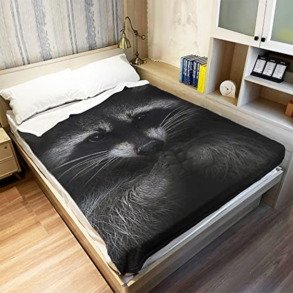 HommomH Raccoon Blanket Animal Pattern Digital Print Fleece Throw Black 50"x60"