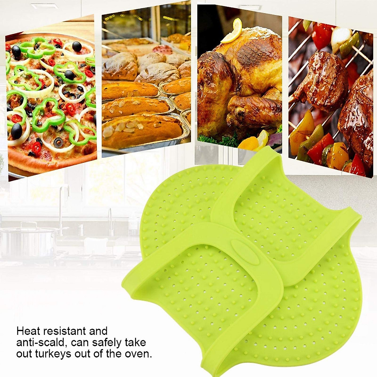 Silicone Turkey Lifter, Heat Resistant Non-Stick Poultry Lifter Turkey Roasting Sling Home Cooking Chicken Turkey Meat Lifter Mat Baking Pan Kitchen Tool, 23.2 x 12.4 in (Green)