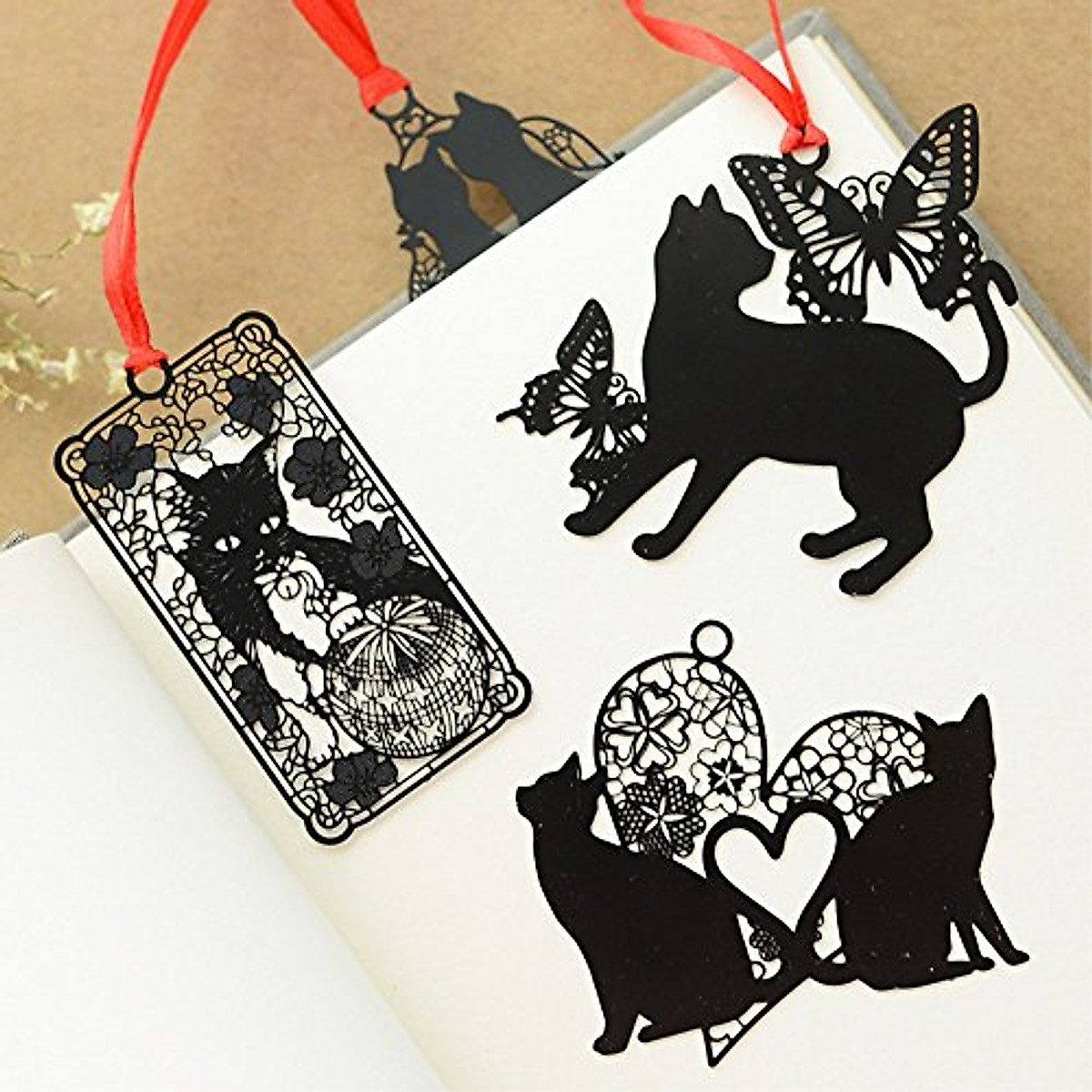 yueton Pack of 9 Creative Black Cat Metal Bookmark with Red Strap