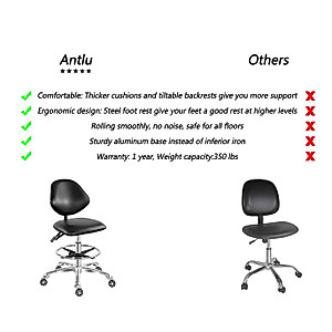 Antlu Adjustable Rolling Stool Drafting Chair for Guitar Shop Pedicure Studio Work with Wheels and Backrest,Workbench Hydraulic Stool with Footrest (Black)