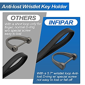 INFIPAR Car Fob Key Chain Genuine Leather Wristlet Strap Keychains Holder for Men and Women, 360 Degree Rotatable, with Anti-lost D-Ring, Carabiner Clip and 4pcs Key Rings, Dark and Black
