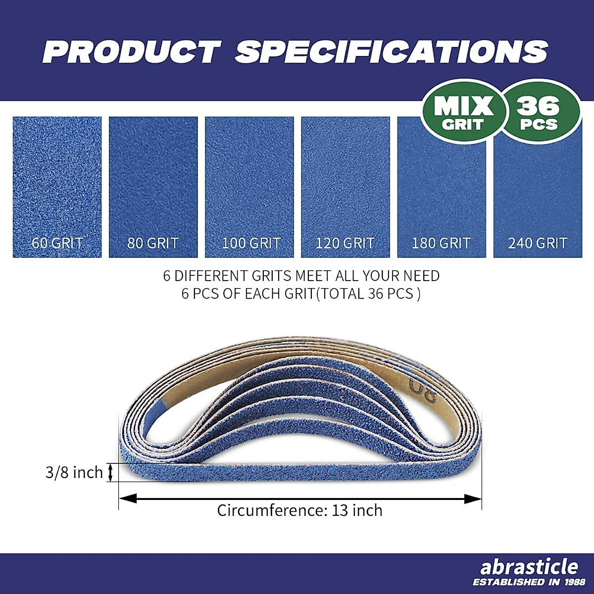 3/8" x 13" Zirconia Sanding Belts for Metal, 3/8 x 13 Inch Zirconia Metal Grinding Sand Paper, 36 PCS 6 Each of 60/80/100/120/180/240 Assorted Grits