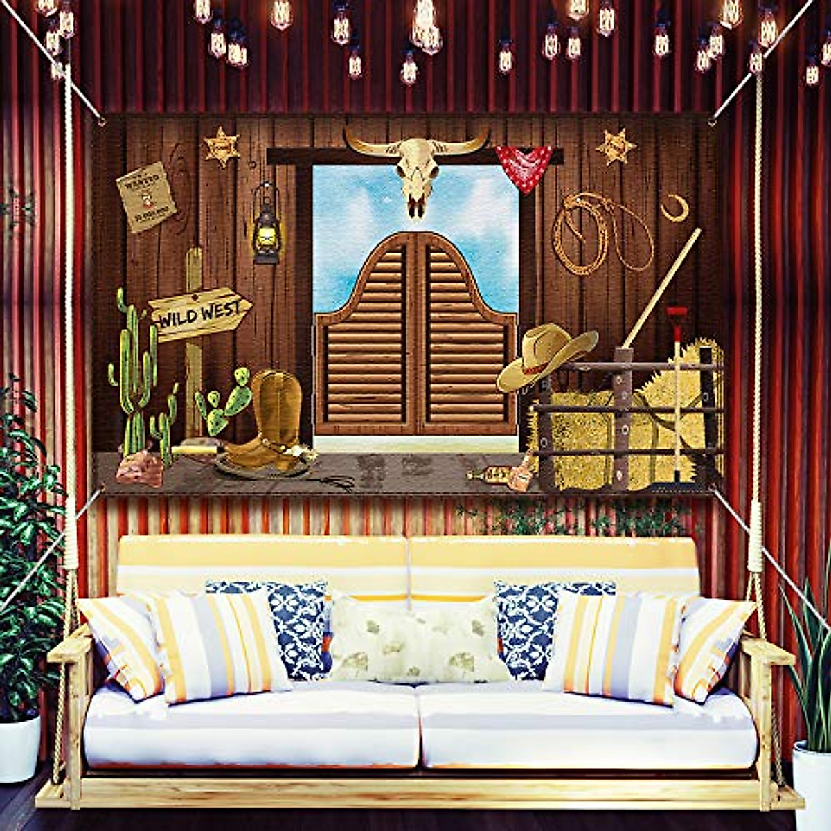 Western Party Supplies, Large Fabric Saloon YeeHaw Western Scene Setters for Western Themed , Wooden House Barn Banner Cowboy Decoration Photo Booth Backdrop Background (Wild West)