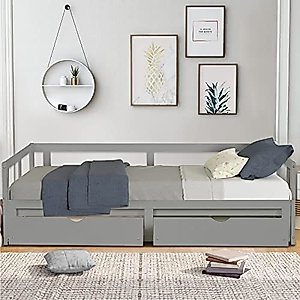 May in Color Extendable Twin to King Daybed, Wood Beds Frames with Pull Out Trundle&Storage Drawers, Sofa Day Bed Frame Twin Size Bed No Box Spring Needed for Children, Girls, Boys (Grey)
