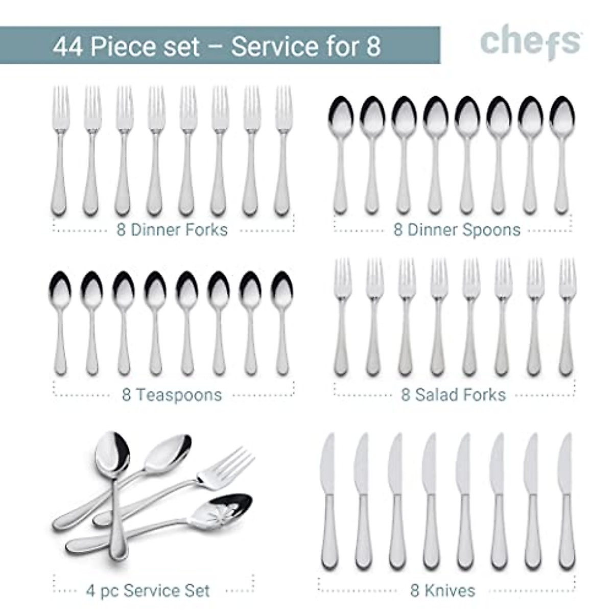 Chefs 18/10 Stainless Steel 44pc Flatware Set, Service for 8, Mesa Satin