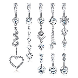 FIBO STEEL 8Pcs Belly Button Rings Dangle 316L Surgical Steel Belly Rings Dangling for Women Heart CZ Long Cute Navel Barbell Body Belly Piercing Jewelry Silver 14G