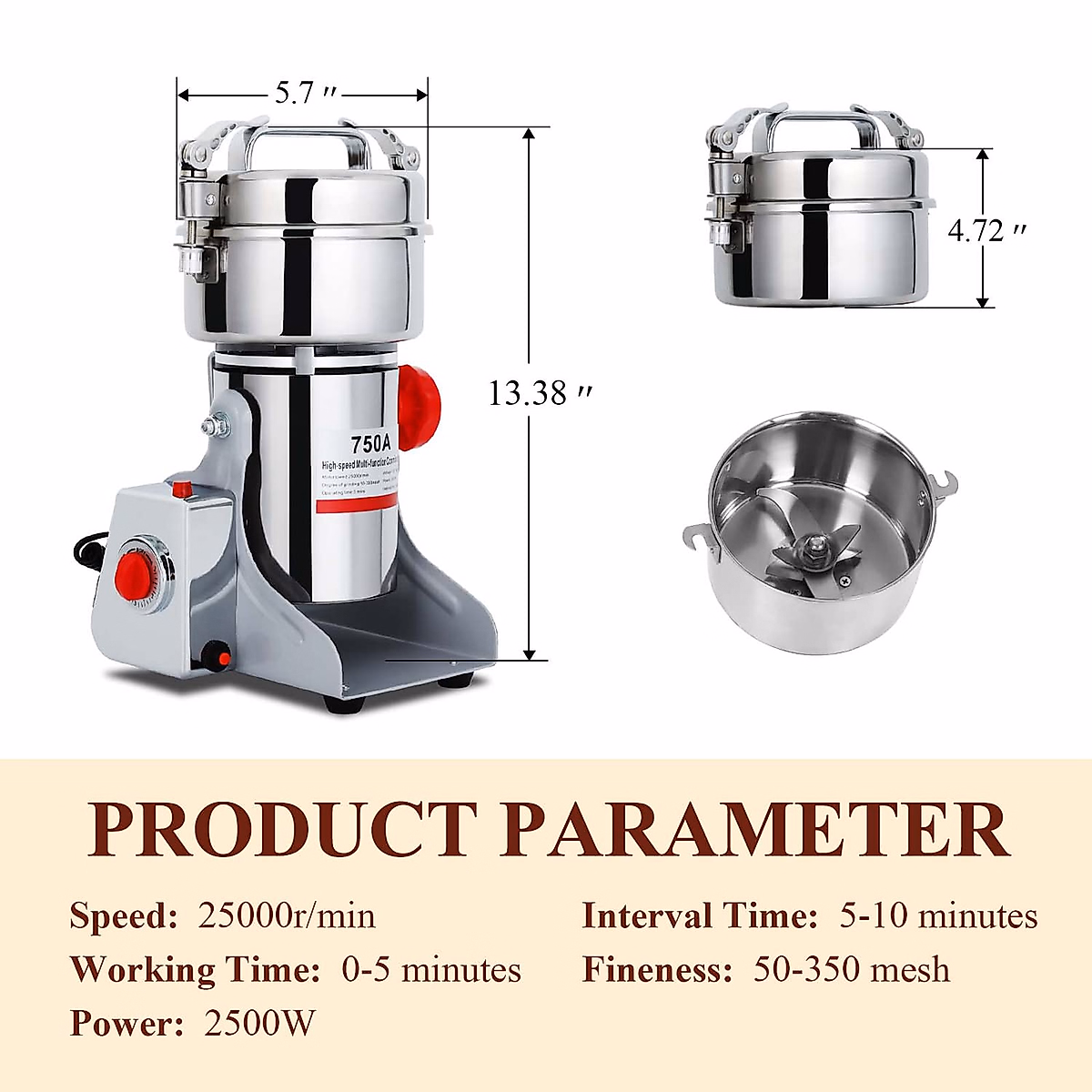 750g Electric Grain Dry Grinder Commercial Swing Type Dry Mill Machine, Stainless Steel 2600W High Speed Pulverizer for Coffee Spice Grind…