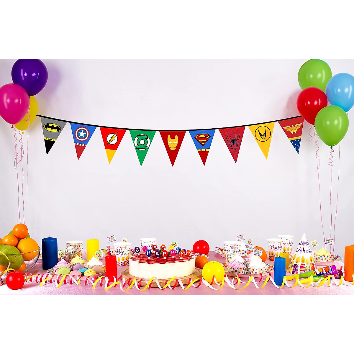 Superhero Theme Happy Birthday Banner for Kids Adults Fabric Banner Background for Birthday Party Decorations Pennant Banner Garland Decor for Kids Boys Girls Baby Shower Birthday Party Favor Supplies