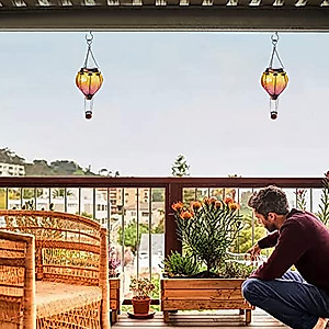 pearlstar Hot Air Balloon Solar Lantern with Flickering Flame Light, Outdoor Solar Hanging Lights Waterproof for Garden Yard Patio Farmhouse Decoration, Stained Glass Gradient Orange