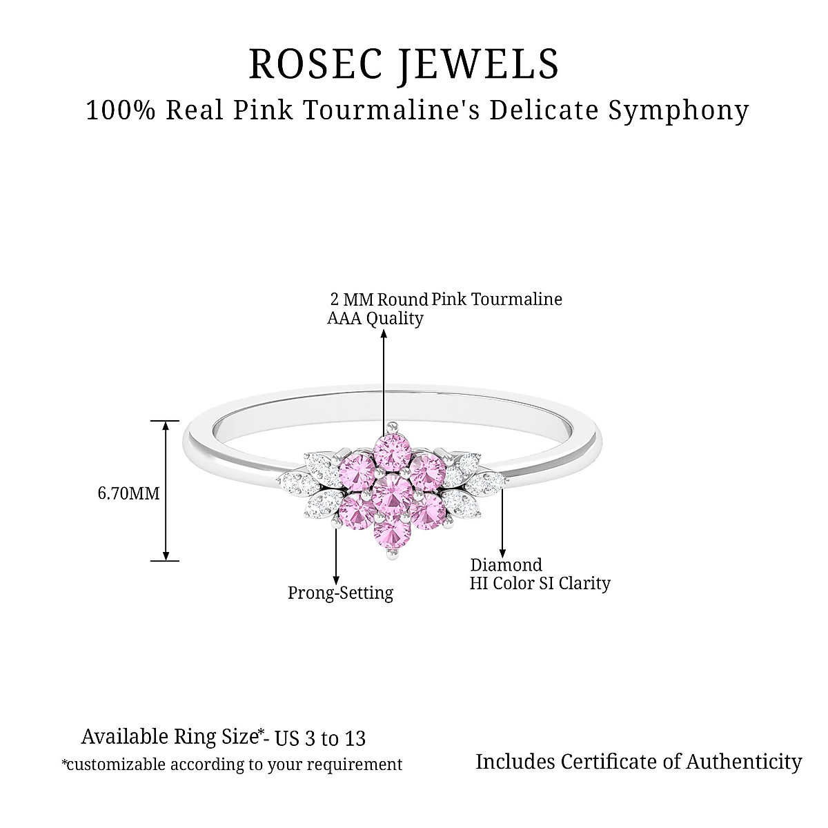 Pink Tourmaline Ring for Women, Pink Tourmaline and Diamond Ring, Tourmaline Flower Cluster Ring, October Birthtone Floral Ring, 14K Rose Gold, Size:US 4.50