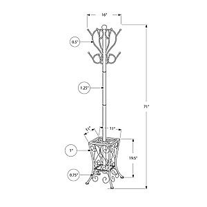 Monarch Specialties 2060, Hall Tree, Free Standing, 8 Hooks, Entryway, 71" H, Umbrella Holder, Bedroom, Metal, Black, Transitional Coat Rack