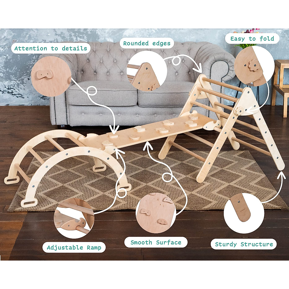 Woodandhearts 3 in 1 Pikler Triangle Set, Montessori Baby Climbing Set - Pikler Triangle Gym - Toddler Jungle Gym - Climbing Toys for Toddlers 1-3 Inside