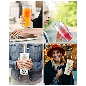 Glass Cups with Lids and Glass Straws, 20OZ Drinking Glasses 2Pcs, Glass Tumbler with Straw and Lid High Borosilicate Glass Tumbler Iced Coffee Cup Water Glass Cups