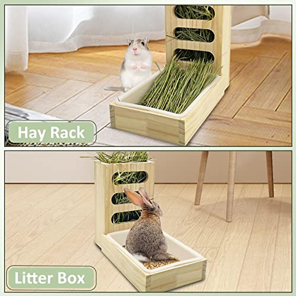 Hamiledyi Rabbit Hay Feeder with Litter Box Wooden Food Feeding Manger Bunny Hay Dispenser Small Animals Grass Holder for Hamsters Guinea Pig Bunny Chinchilla
