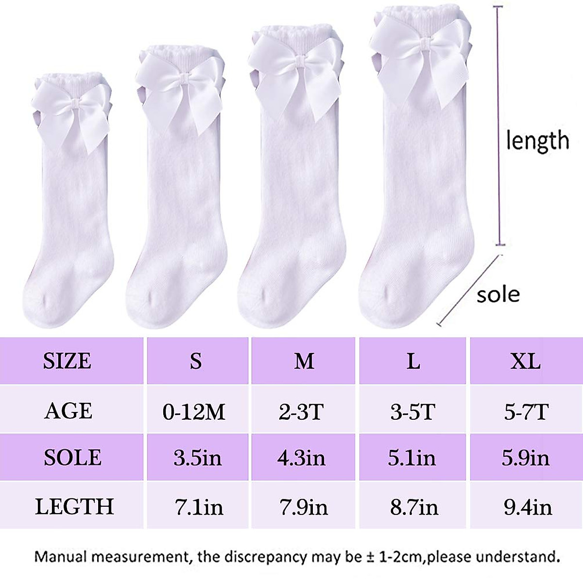 Maorrew 2 Pack Baby Girls Knee High Socks Bow Long Stockings Infants Toddlers Cotton Ruffled Uniform Leggings White 2 Pack 3-5T