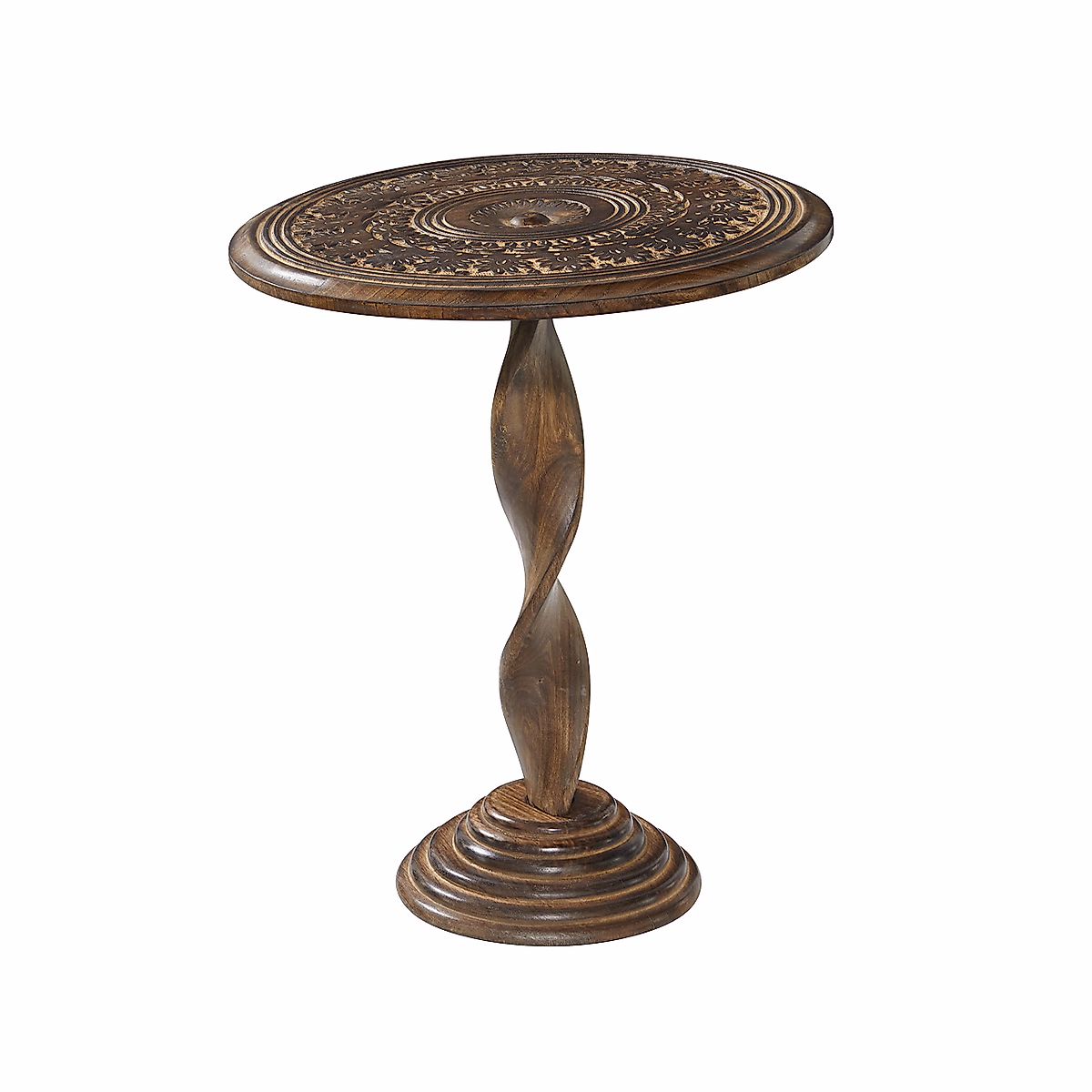 Deco 79 Mango Wood Floral Handmade Intricately Carved Accent Table with Spiral Leg and Elevated Base, 18" x 18" x 22", Brown