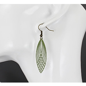 Olive Green earrings teardrop dangle lightweight oval filigree 2 1/4 inches long painted very lightweight