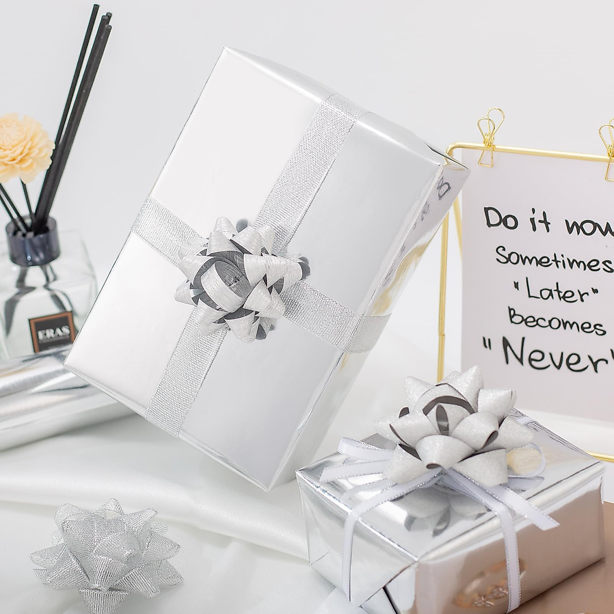 Flyhill Silver Wrapping Paper-17inch*32.8ft（46.8 sq.ft.-Metallic Solid Color with Mirror Finish Gift Wrap for Birthday,Wedding,Bridal Shower,Mothers Day